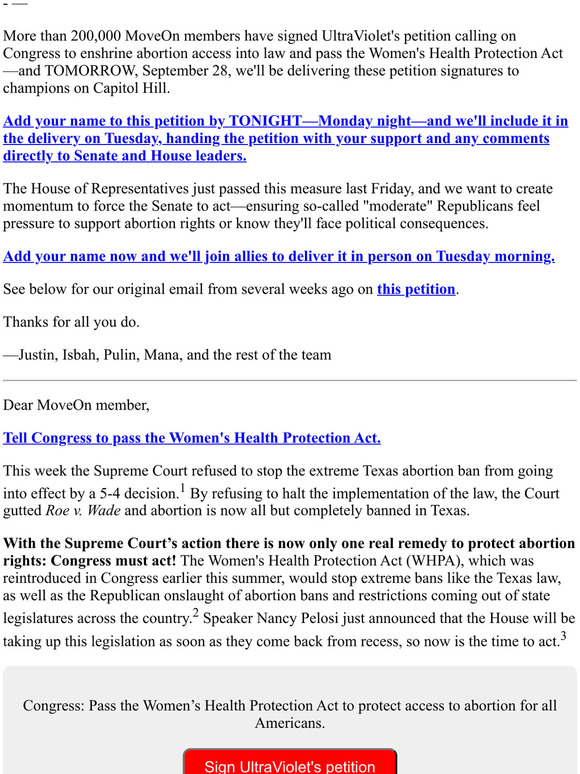 MoveOn: SIGN NOW: Monday deadline to add your name to support the right ...