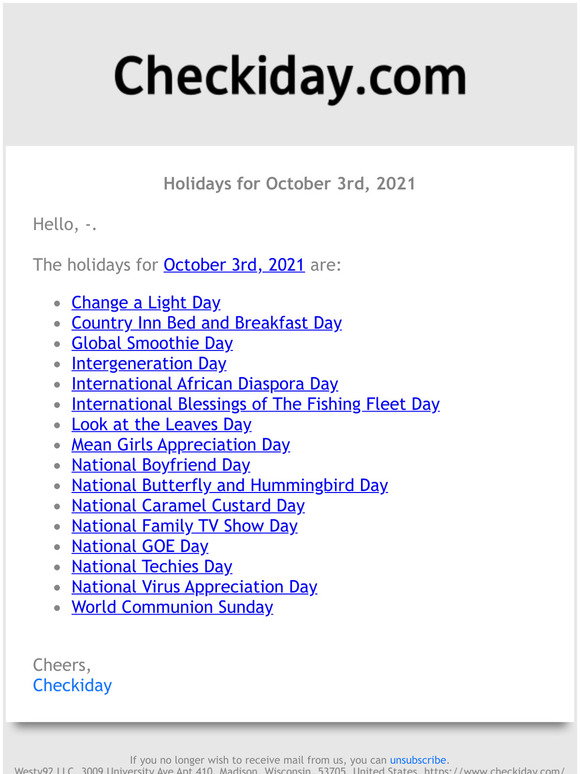 Checkiday: Holidays for October 3rd, 2021! | Milled