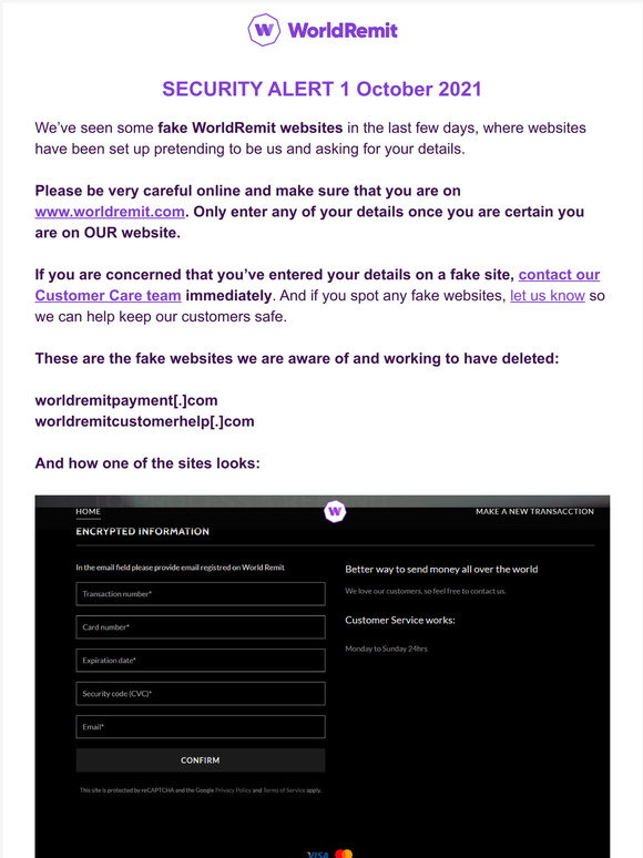 WorldRemit: Security Alert - Fake websites | Milled