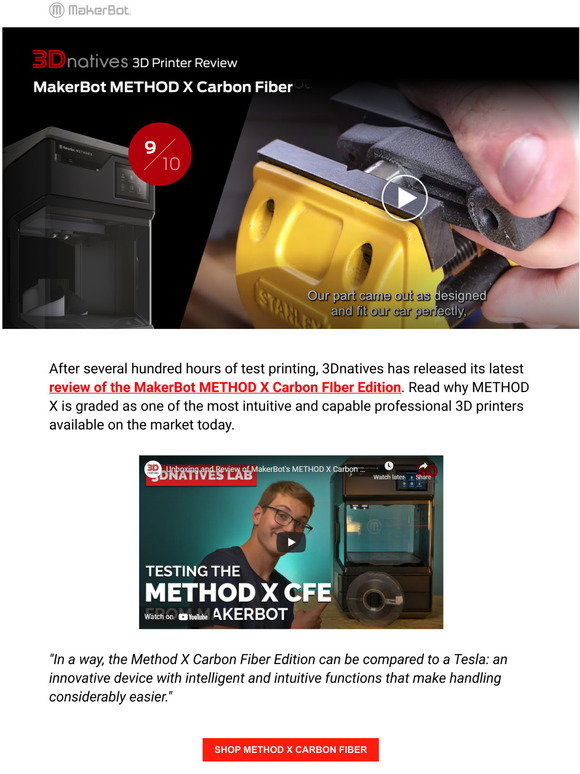 MakerBot: METHOD X Carbon Fiber scores 9/10 in 3Dnatives review | Milled