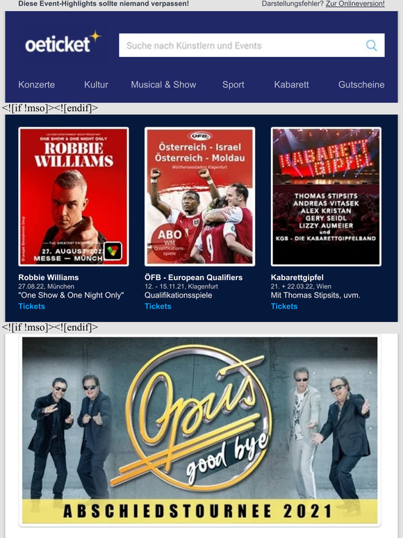 oeticket: Robbie Williams | FB - European Qualifiers | Kabarettgipfel | uvm. | Milled