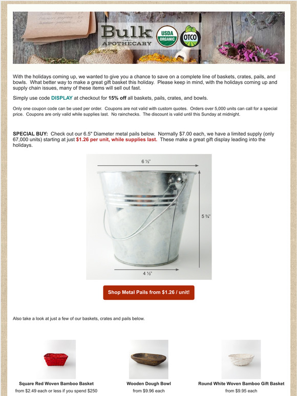 Bulk Apothecary: 15% Off All Metal Pails, Baskets, Wood Crates and More ...