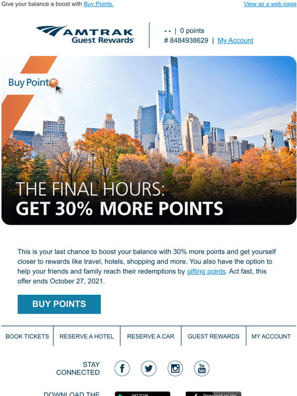 Amtrak: -last chance: get 30% more points. | Milled