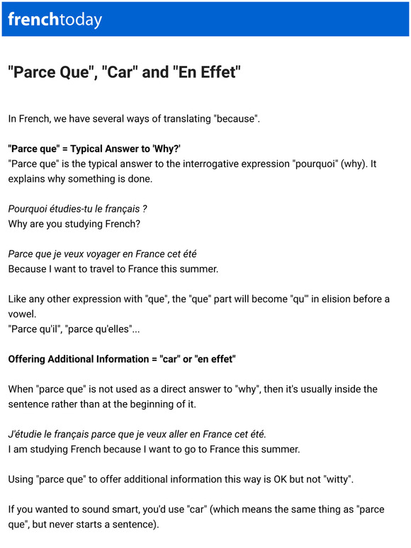French Today: "Parce Que", "Car" and "En Effet" | Milled