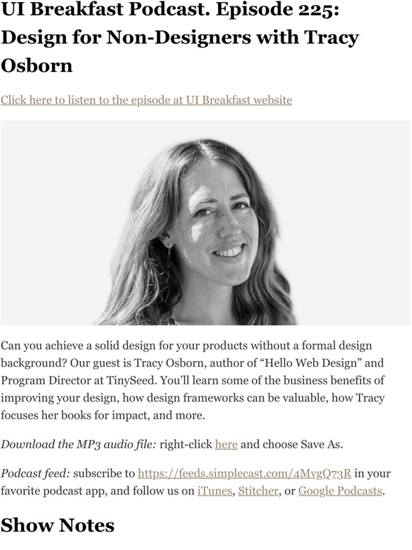 UI Breakfast: UI Breakfast Podcast. Episode 225: Design for Non-Designers with Tracy Osborn | Milled