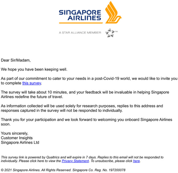 Singapore Airlines: Dear customer, we value your feedback. | Milled