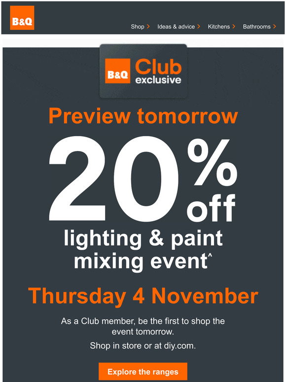 B&Q: Club exclusive early access | 20% off lighting & Valspar paint ...