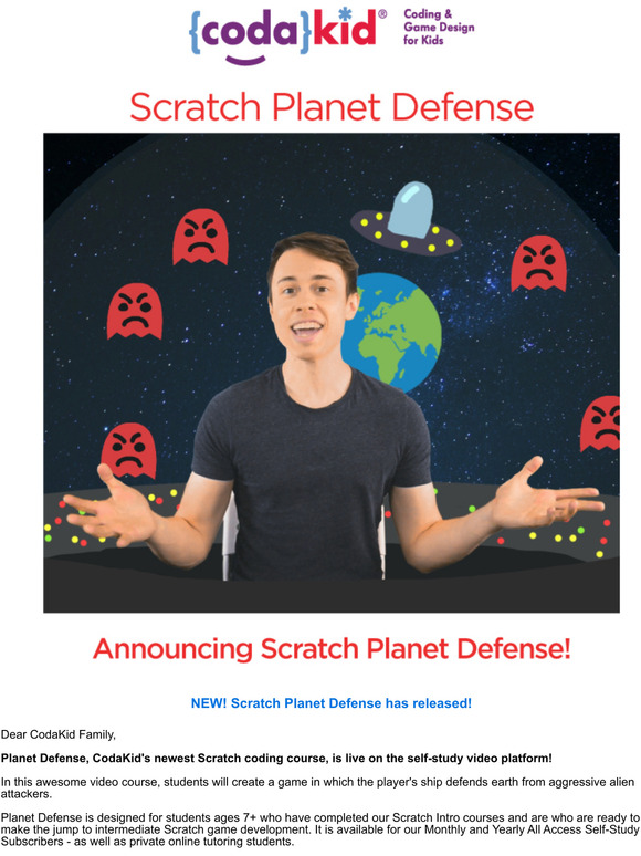 CodaKid: [Announcing] New Scratch Planet Defense Course is Live! | Milled
