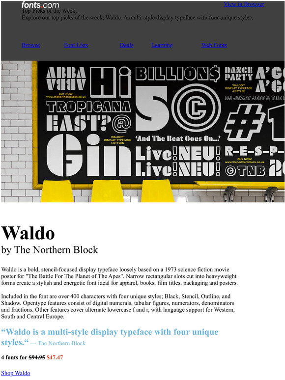MyFonts: Waldo. A multi-style display typeface. | Milled