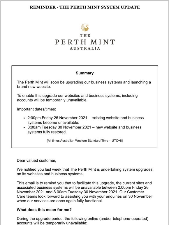 The Perth Mint: Reminder - New Perth Mint website and system upgrade ...