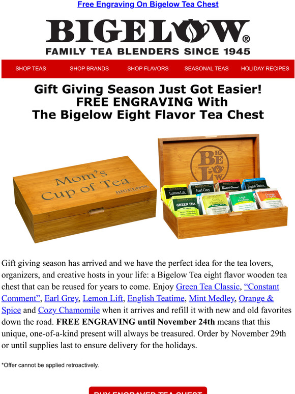 Bigelow Tea: Order Now: FREE ENGRAVING On Bigelow 8 Flavor Tea Chest ...