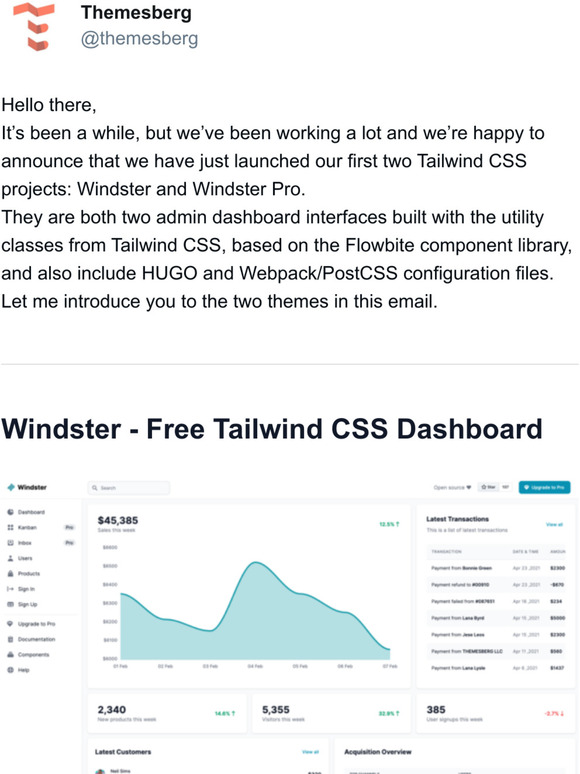 Themesberg: We launched Windster our first Tailwind CSS dashboard theme | Milled