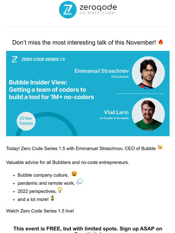 Zeroqode: 10 hours left! Emmanuel Straschnov, CEO of Bubble on Zero Code Series 1.5 | Milled