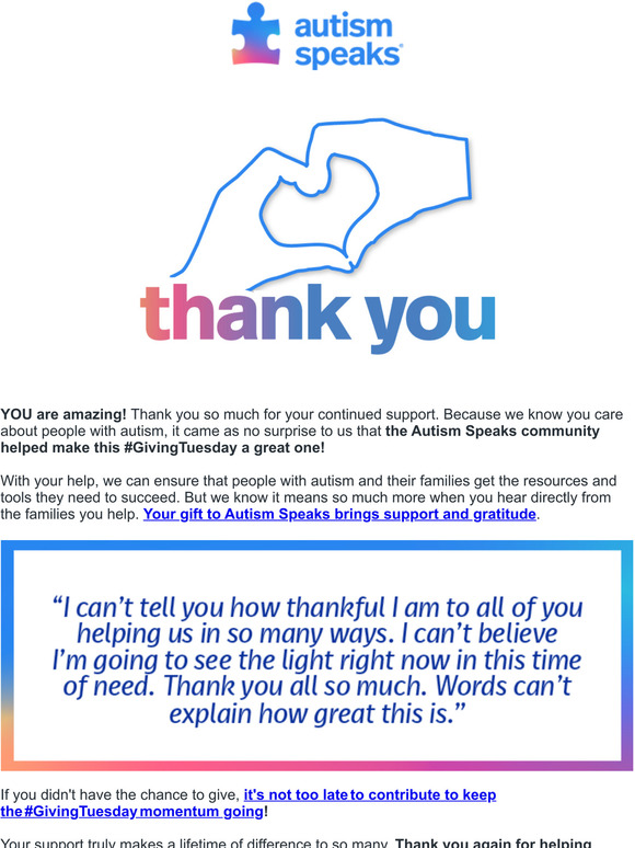 Autism Speaks: -thank you for an amazing GivingTuesday! | Milled