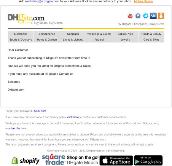DHgate: Welcome to subscribe message successfully | Milled