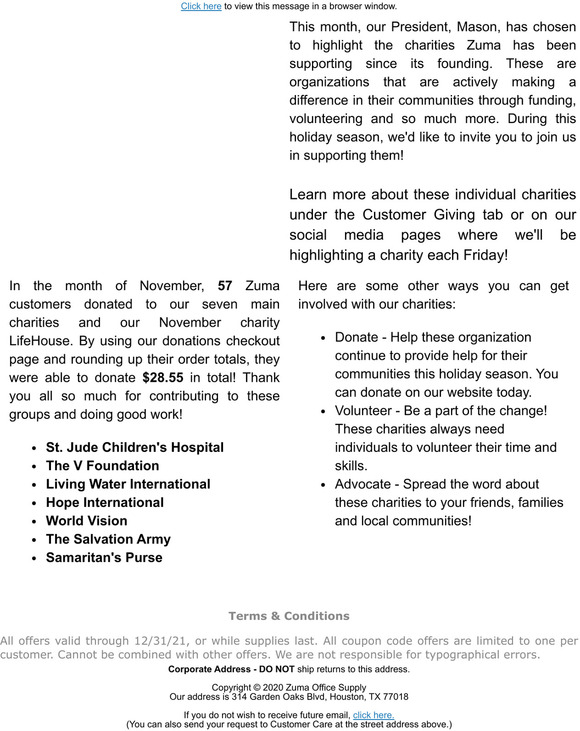 Zuma Office Supply: Zuma's Charity Newsletter | Milled