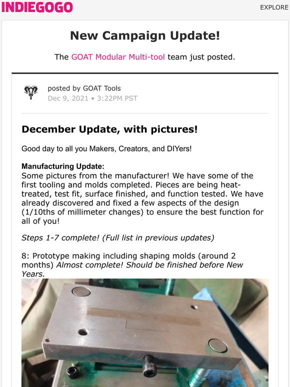 Indiegogo: Update #6 from GOAT Modular Multi-tool | Milled