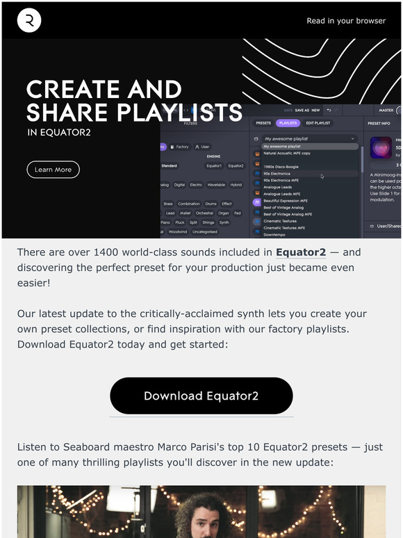 ROLI: NEW: Create and discover Equator2 preset playlists | Milled