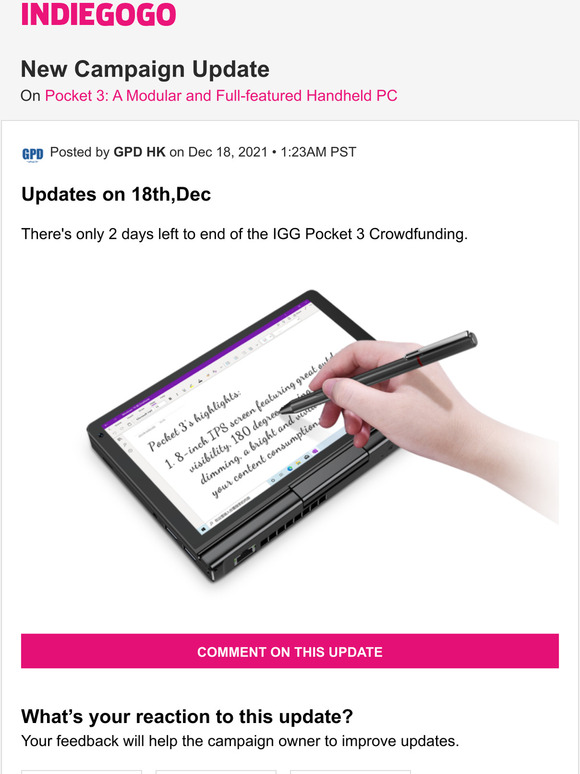 Indiegogo: Update #14 from Pocket 3: A Modular and Full-featured ...