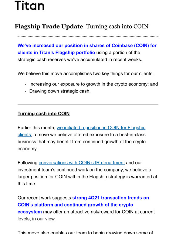Titan: Flagship Trade Update: Turning cash into COIN | Milled