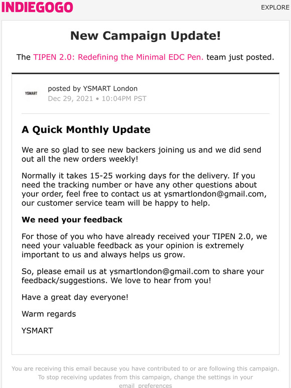 Indiegogo: Update #11 from TIPEN 2.0: Redefining the Minimal EDC Pen ...