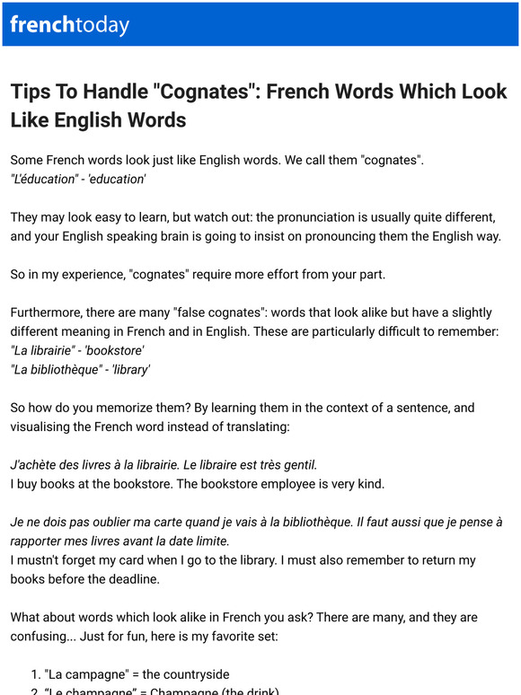 French Today: Tips To Handle "Cognates": French Words Which Look Like ...