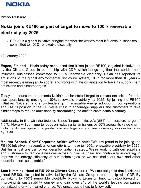 Withings: Nokia joins RE100 as part of target to move to 100% renewable ...