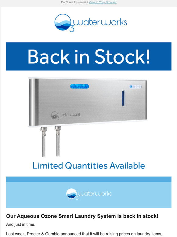O3 Waterworks: Laundry system back in stock...and just in time! | Milled