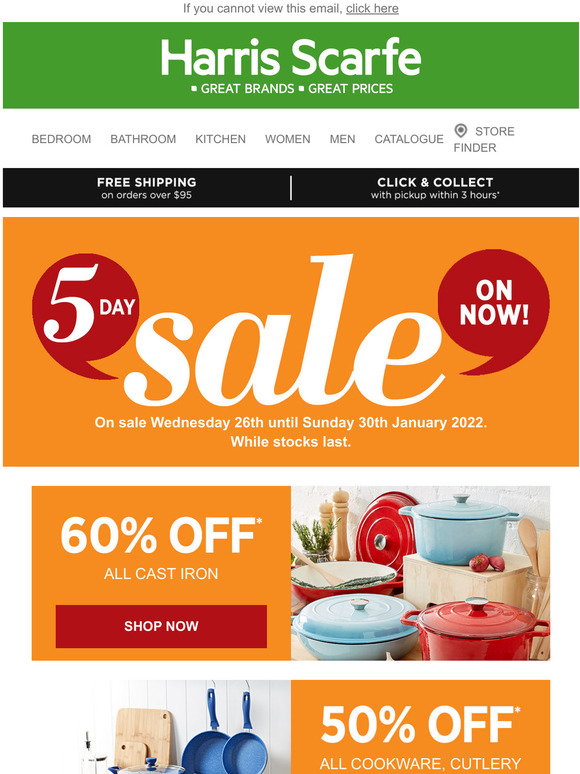 Harris Scarfe: -Day Sale | 50% off all Cookware, Cutlery, Dinner Sets ...