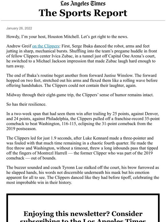 Los Angeles Times: The Sports Report: Clippers win after biggest ...