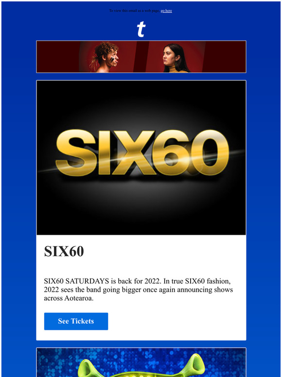 Ticketmaster: SIX60 + Shrek The Musical and more | Ticket Alert | Milled