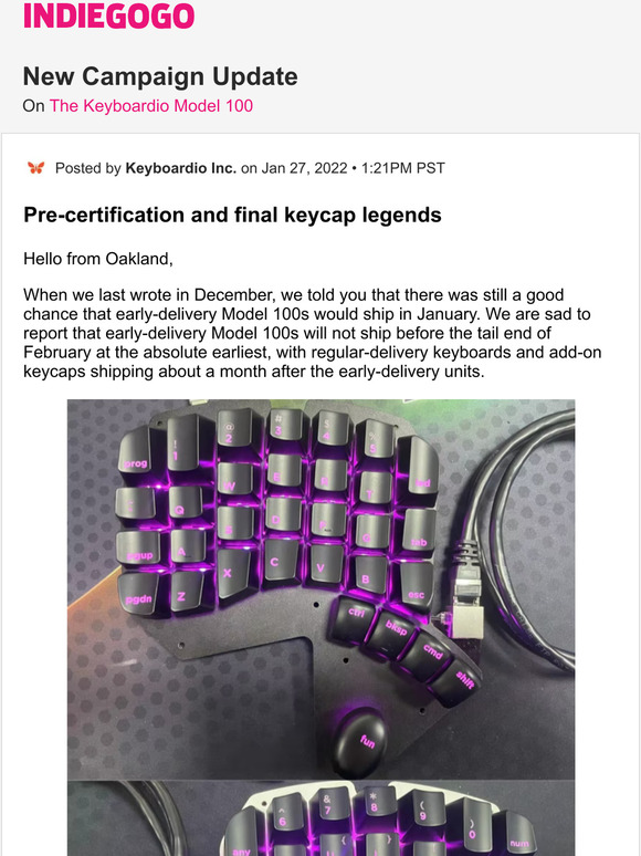 Indiegogo: Update #7 from The Keyboardio Model 100 | Milled