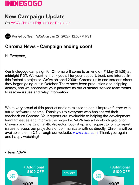 Indiegogo: Update #12 from VAVA Chroma Triple Laser Projector | Milled
