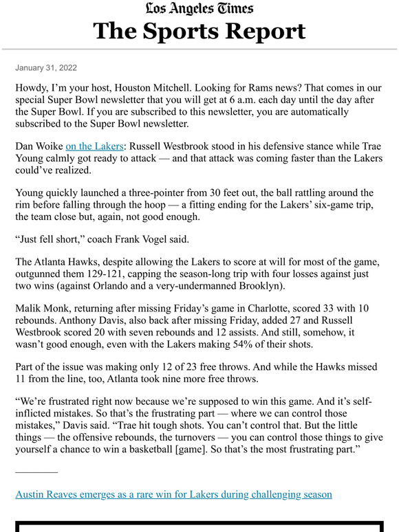 Los Angeles Times: The Sports Report: Lakers fall to Hawks | Milled