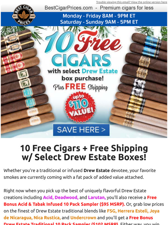 Best Cigar Prices: 10 Free Cigars + Free Shipping w/ Select Drew Estate ...