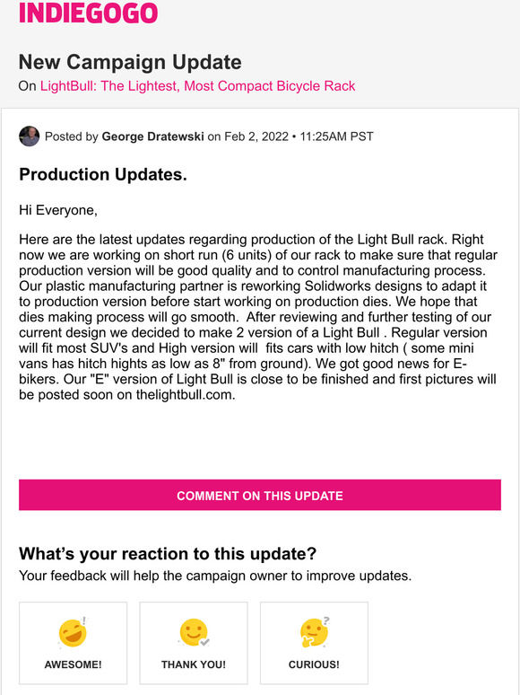 Indiegogo: Update #3 from LightBull: The Lightest, Most Compact Bicycle ...