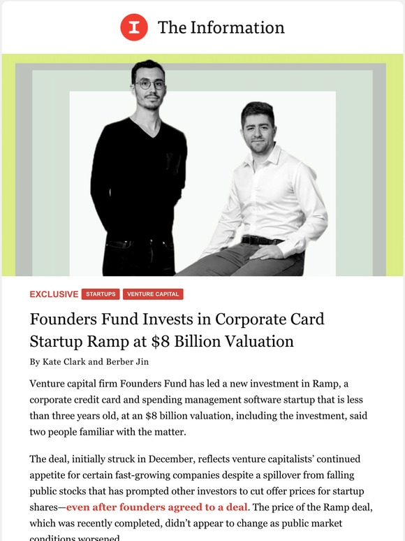 The Information: Founders Fund Invests in Corporate Card Startup Ramp at $8 Billion Valuation ...