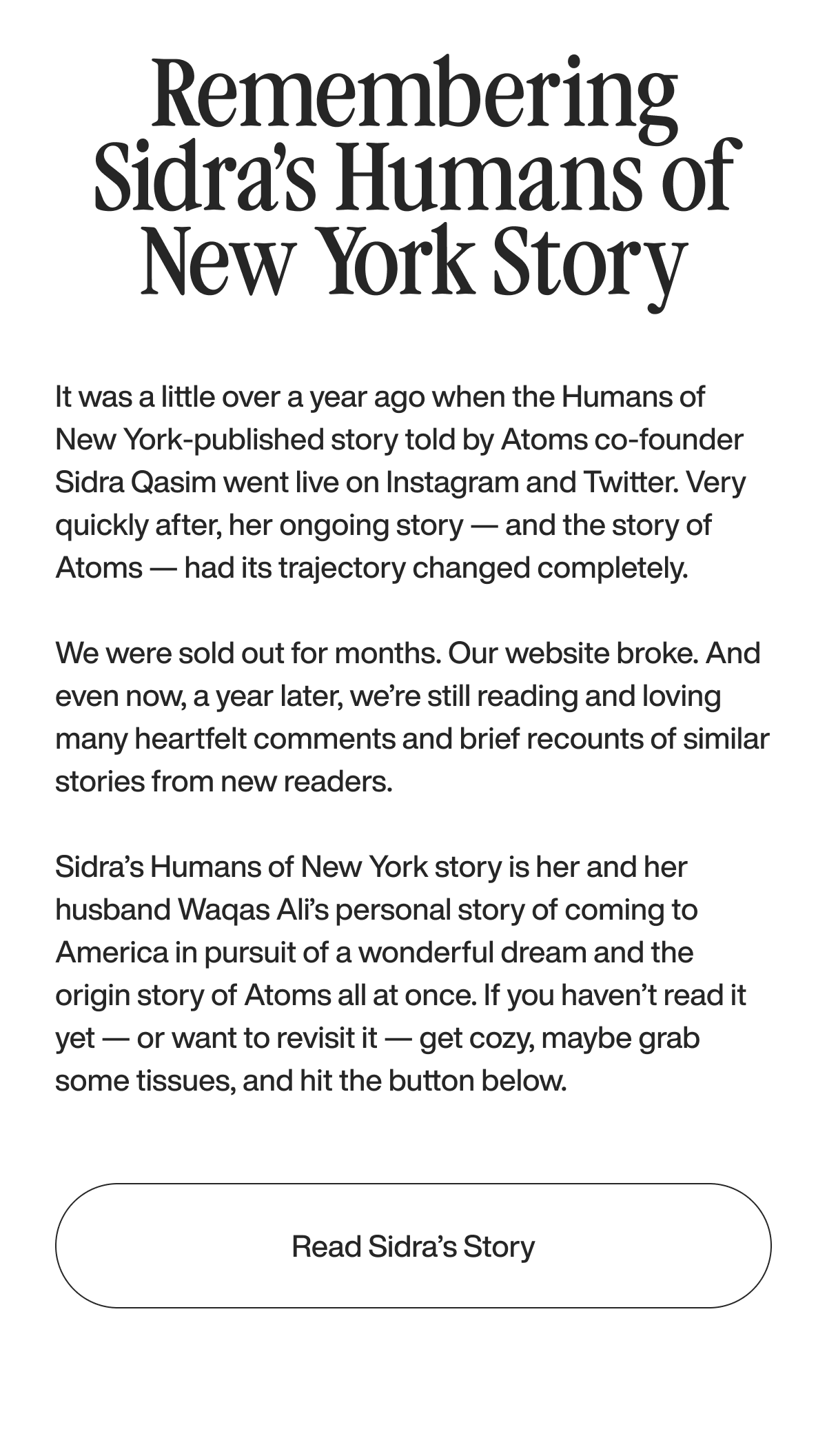 ATOMS: Remembering Sidras Humans of New York Story | Milled