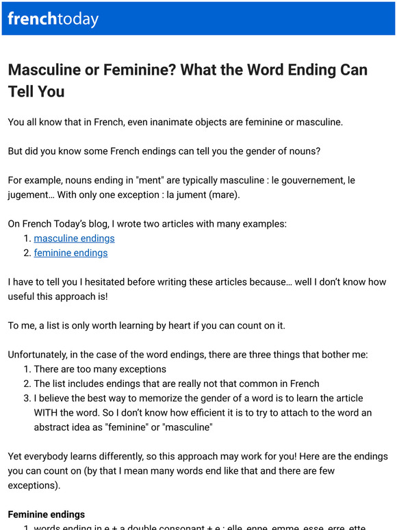 French Today: Guessing Word Genders With Their Endings | Milled