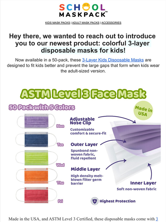 SchoolMaskPack: 3-Layer Colorful Disposable Masks for Kids | Milled