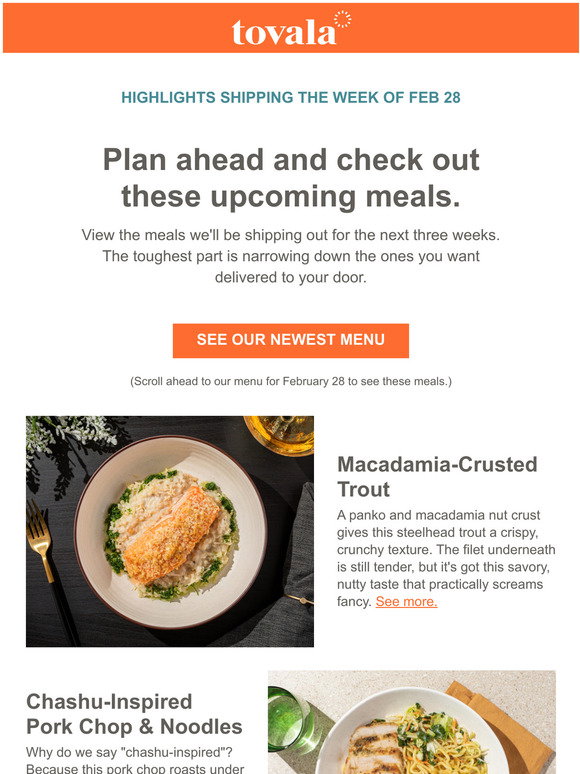 Tovala: You can view our upcoming menus for the next three weeks. | Milled