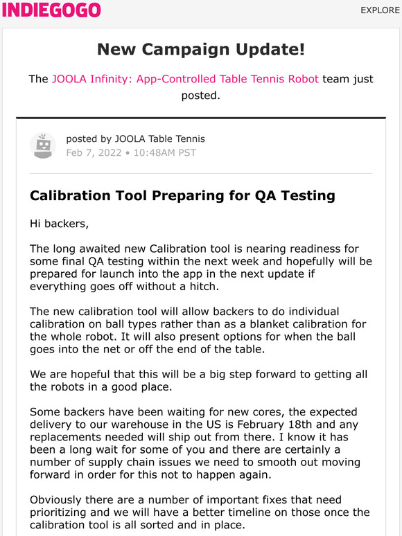 Indiegogo: Update #46 from JOOLA Infinity: App-Controlled Table Tennis ...