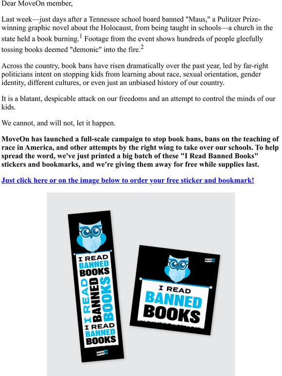 MoveOn: Get your FREE "I Read Banned Books" bookmark and sticker | Milled