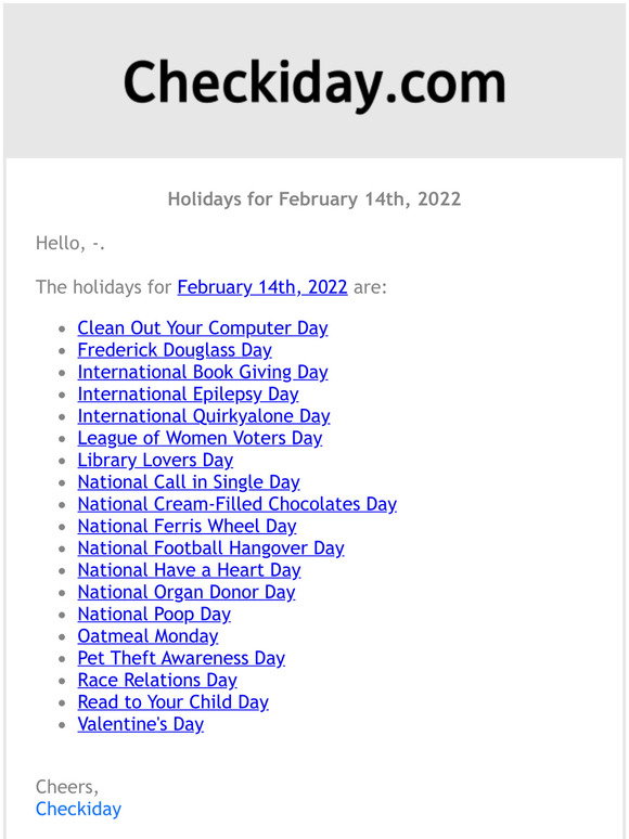 Checkiday: Holidays for February 14th, 2022! | Milled