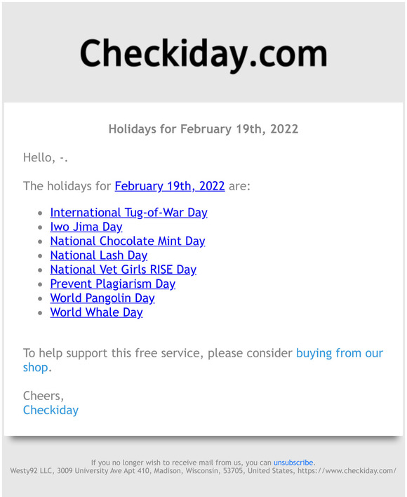Checkiday: Holidays for February 19th, 2022! | Milled