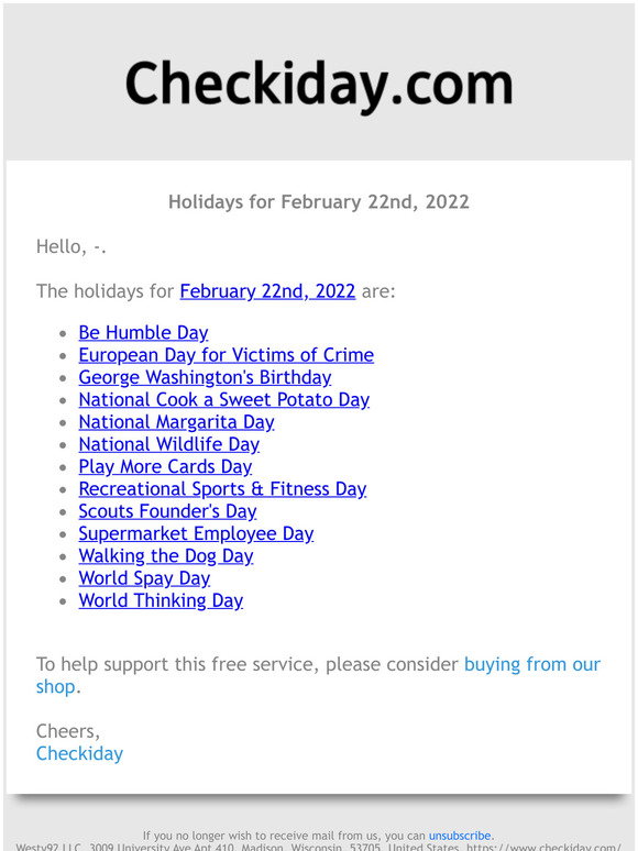 Checkiday: Holidays for February 22nd, 2022! | Milled
