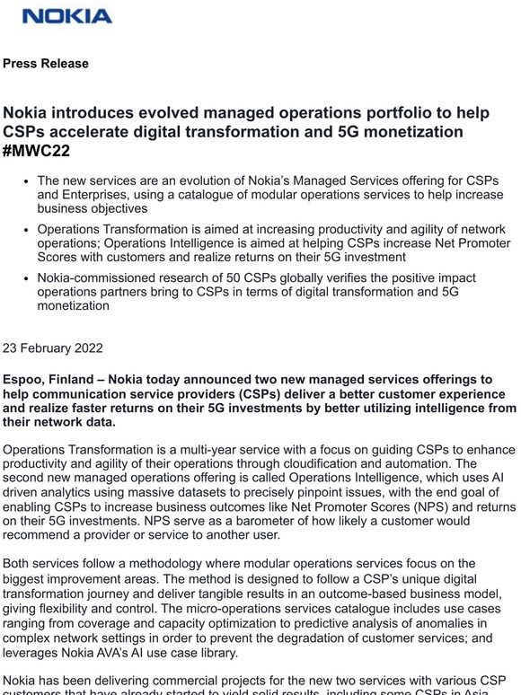 Nokia Health: Nokia introduces evolved managed operations portfolio to help CSPs accelerate ...