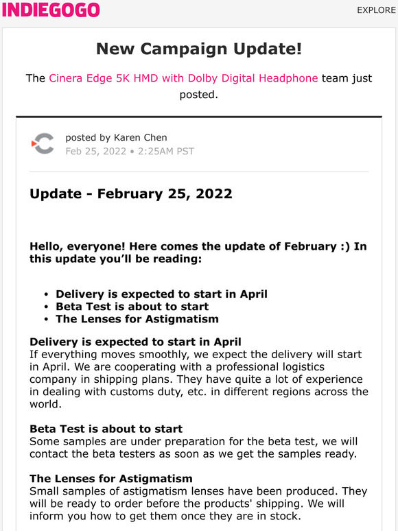Indiegogo: Update #18 from Cinera Edge 5K HMD with Dolby Digital ...