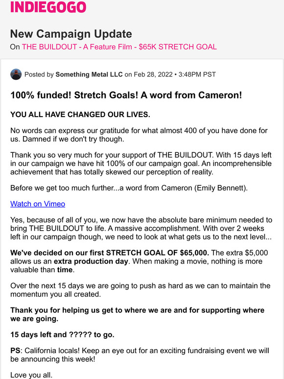 Indiegogo: Update #6 from THE BUILDOUT - A Feature Film - $65K STRETCH ...