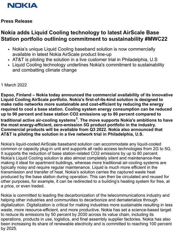 Withings: Nokia adds Liquid Cooling technology to latest AirScale Base ...